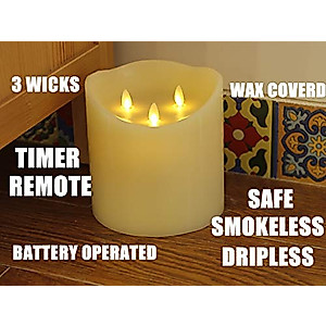 NONNO & ZGF XL-Flameless Wax 6inch High Candle with 3 - Wicks Moving, Led Battery Operated Candles with Remote Control and Timer Function, Ivory