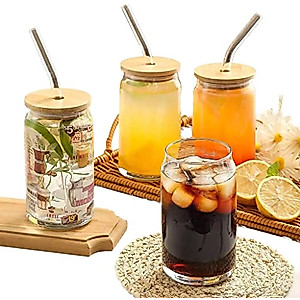 [4 pc set] Can Shaped Drinking Glass Cups with Bamboo Lid, Glass Straw, and Cleaning Brush. High Borosilicate Glass Material. Excellent for smoothies, soda and iced coffee.