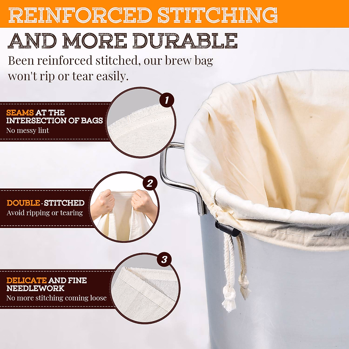 Brew Bag, 26" x 22", 2 Pack, 100% Unbleached Cotton Bag for Homebrewing, Fine Cheesecloth Bag for Fruit/Cider/Wine/Beer, Reusable Drawstring Straining