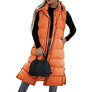 Grlasen Women's long Quilted Vest hooded sleeveless Button Down puff vest cotton padded jacket winter coat