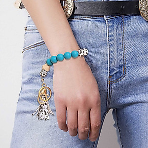 BAOSIWA Silicone Beaded Key Chain Bracelet Wristlet Keyring Turquoise Cow Bangle Keychains for Women with Leather Tassel