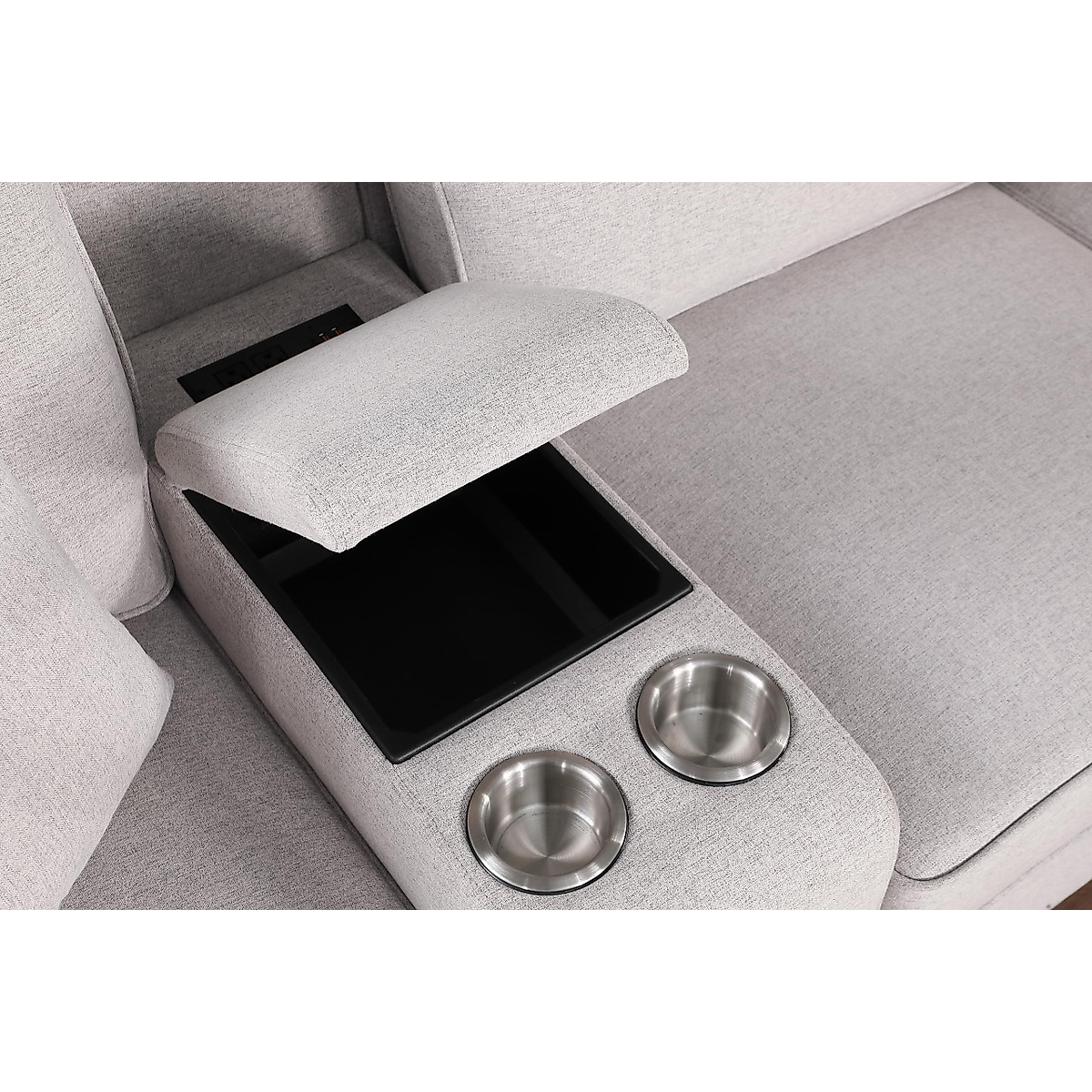 WOODRK Upholstered Sectional Sofa Set with Ottoman and Mobile Armless Chairs, Linen Couch with 2 Cup Holders, USB Ports and Storage Space, for Living Room, Apartment, Light Gray