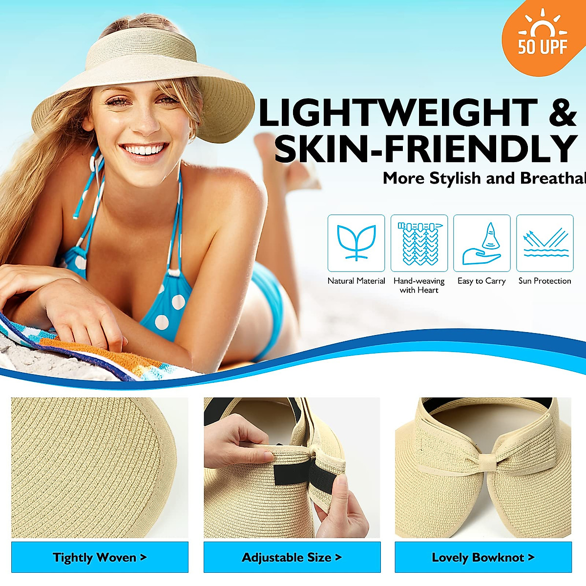 Beach Hats for Women, Wide Brim Sun Hat Womens, Packable Sun Visor Roll-up Sun Hat, Summer Straw Hats for Women UV Protection, Foldable Beach Hat for Girls Summer Vacation Travel Accessories Khak