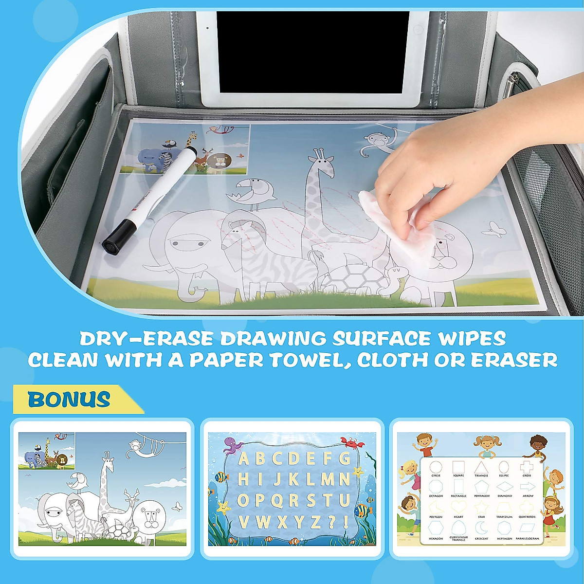 MENZOKE Kids Travel Tray Car Seat Tray for Boys or Girls Travel Gifts with Educational Drawing Board, Tablet Holder & Cooler Cup Holder, Road Trip Essentials for Car Trip, Airplane, Grey