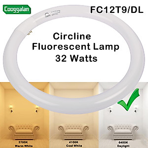 COOGGALAN FC12T9/DX 32W 12 inch T9 Circular Light Bulb Daylight, Round Fluorescent Circline Bulbs FC12 T9 32 Watts Kitchen and Bath, G10q 4 Pin Prong, 6500K, 2 Pack