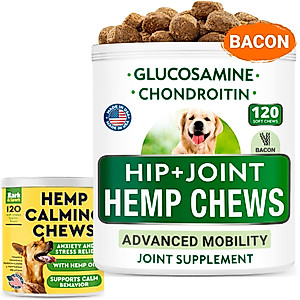 Hemp + Glucosamine + Calming Treats for Dogs Bundle - Joint Pain Relief + Anxiety Relief - Hemp Oil + Chondroitin, w/MSM + Omega 3 - Hip & Joint Supplement + Stress Relief - 240 Chews - Made in USA