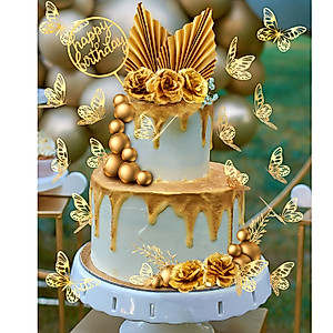 52 Pcs Flower Toppers for Cake Gold Balls Decorations Boho Topper Butterfly Birthday Wedding Baby Shower Party Decoration(Gold)