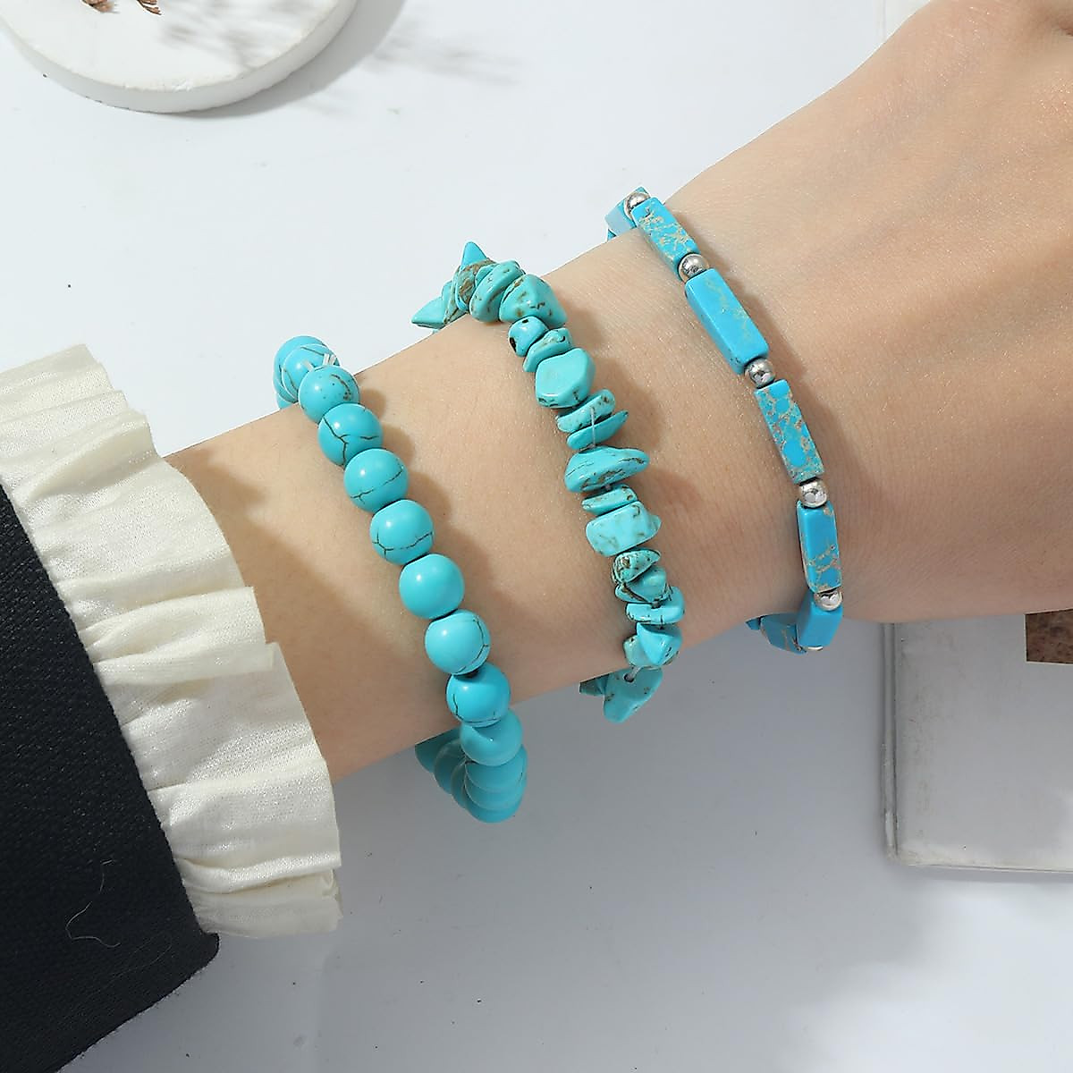3Pcs Turquoise Bracelet for Women Boho Turquoise Bead Bracelet Natural Stone Beaded Stretch Bracelets Set Healing Crystal Bracelets Turquoise Jewelry for Women