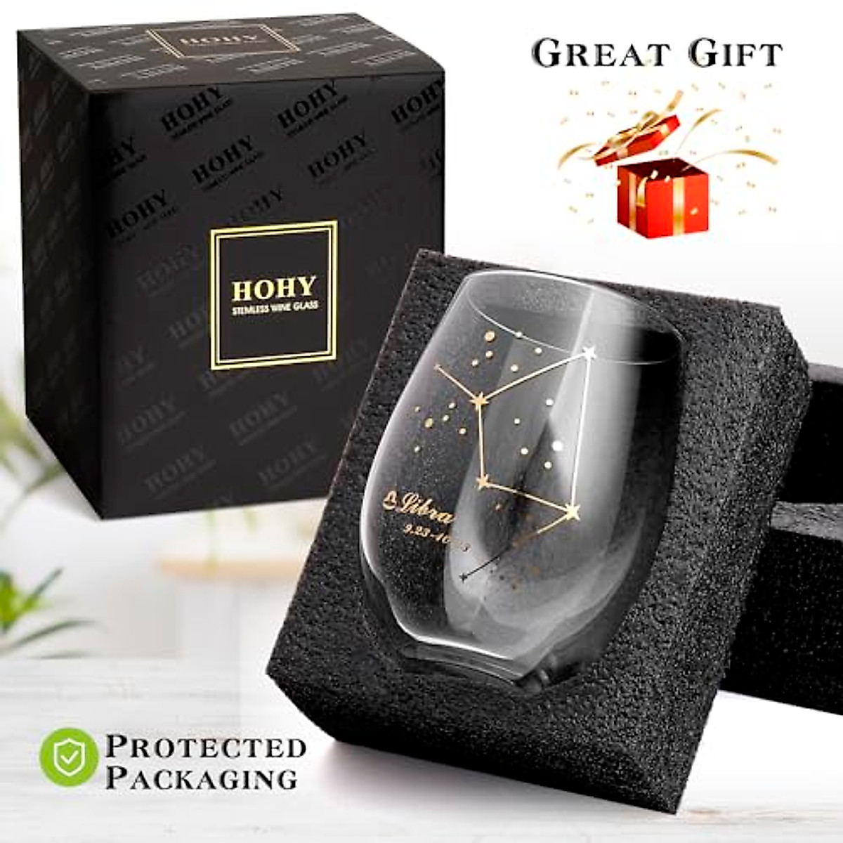 HOHY Libra Wine Glass Libra Gift 20oz, Libra Stemless Wine Glass, Constellation Glasses Zodiac Sign Define Design, Horoscope Gift, Astrology Gifts for Women Men