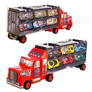 Tuko Car Toys Die Cast Carrier Truck Vehicles Toy for 3-12 Years Old Boy Girl Toy Gift(Includes 6 Alloy Cars,3 Animal Cars,3 Number Cars and Traffic Accessories)(Red)
