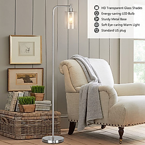 QiMH Industrial Floor Lamp for Living Room, Modern Standing Lamp with HD Glass Lampshade and Pedal Switch, 67” Tall Pole Light for Bedroom Study Room, Brushed Silver (2700K LED Bulb Included)