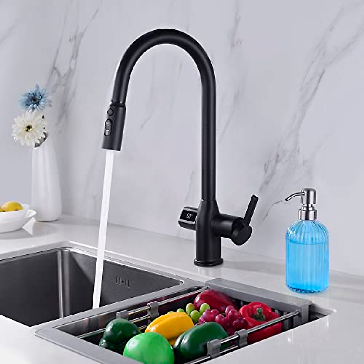 Leetcp LED Kitchen Faucet with Temperature Digital Display,Solid Brass Kitchen Sink Faucets with Pull Down Sprayer and 3 Modes,360 Rotatable Pull Down Kitchen Faucet,Matte Black