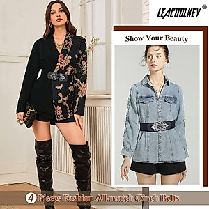 LEACOOLKEY 4 Pack Women Wide Elastic Waist Belt for Dress Vintage Stretch Cinch Belt Retro Buckle