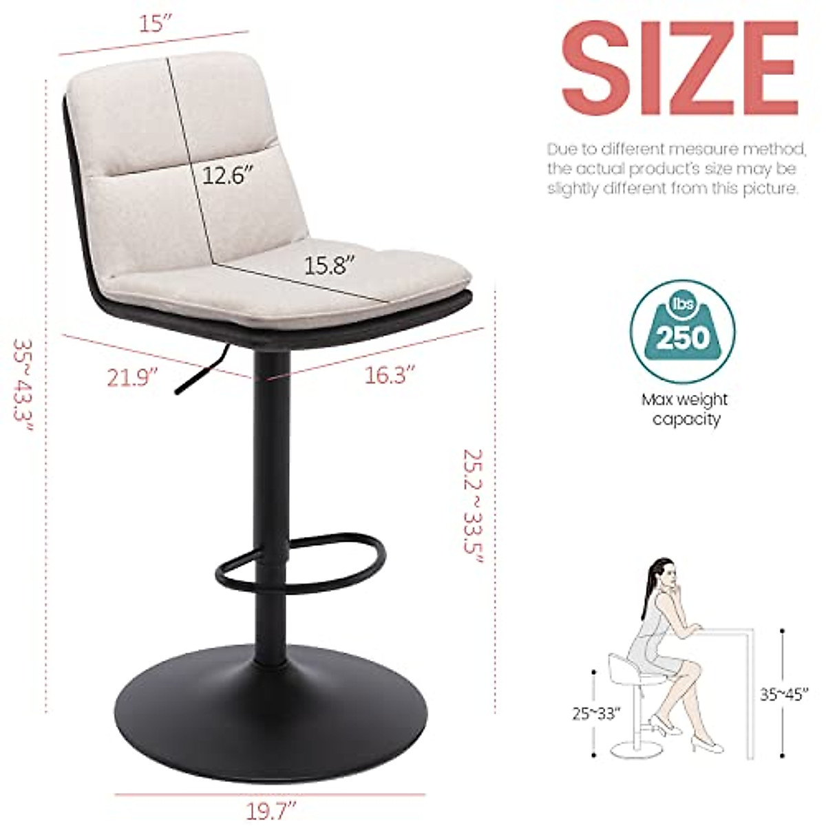 Brage Living Fabric Adjustable Bar Stool, Swivel Counter Height Barstool with Back, Armless Kitchen Bar Chair for Dining Cafe with Large Black Base (Greige)