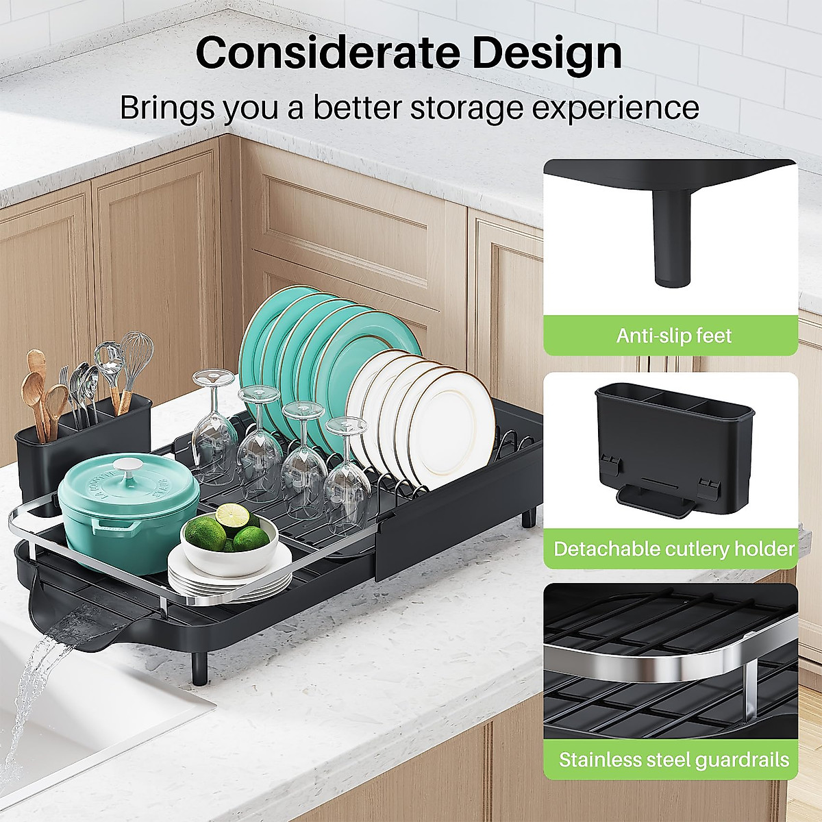 Dish Drying Rack - Extendable Dish Rack for Kitchen Counter, Saving Countertop Space Dish Drainer, Stainless Steel Kitchen Drying Rack with Cutlery Holder, 22.1''L x 12.8''W (Black)