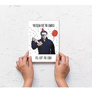 XXDJLP Horror Themed Birthday Cards Gifts for Men Women, Funny Halloween Michael Myers Birthday Card for Him Her, Creepy Killer Movie Bday Greeting Cards with Envelope