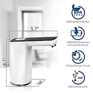 HotFrost Electric Water Bottle Pump - Water Dispenser for 5 Gallon Bottle - Food-Grade Materials, Chrome-Plated Spout, Silicone Tubing - Low Noise, 1 Cup Option, Pours 4 to 5 Jugs Per Charge