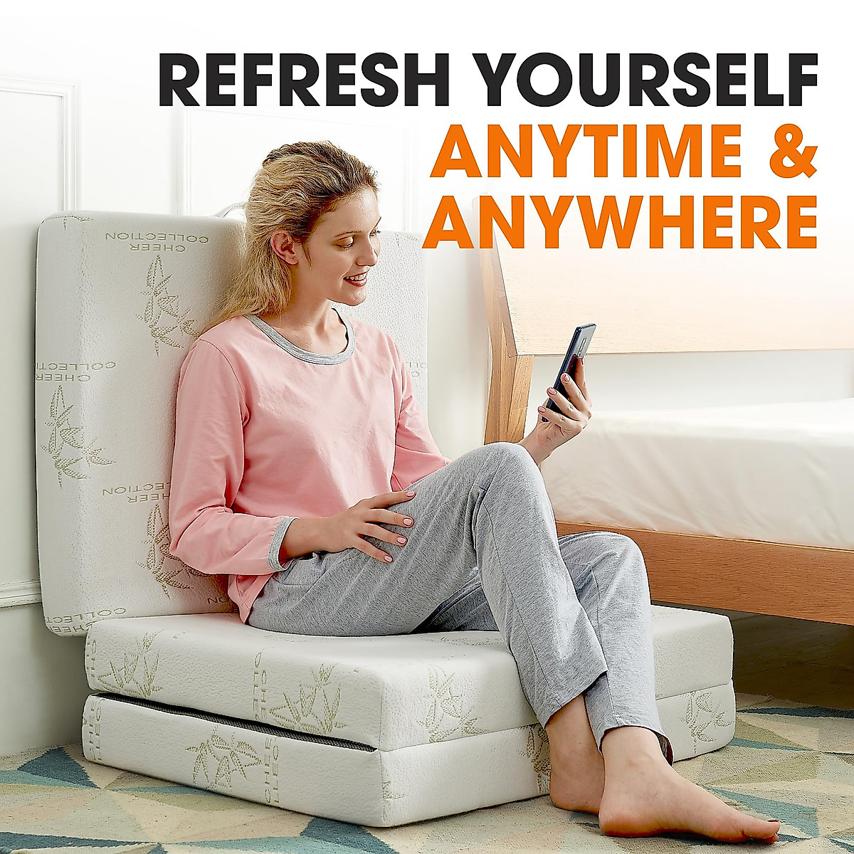 Cheer Collection Foldable Mattress - Tri Folding Mattress - Portable 4 Inch Thin Mattress for Floor - Must-Have Folding Mattress - Trifold Mattress for Sleepovers, Camping, and Guests (75"x25"x4")