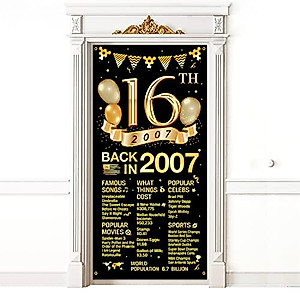 16th Birthday Door Cover Banner Decorations, Black Gold Happy 16th Birthday Door Cover Party Supplies, Large Sixteen Year Old Birthday Poster Backdrop Sign Decor
