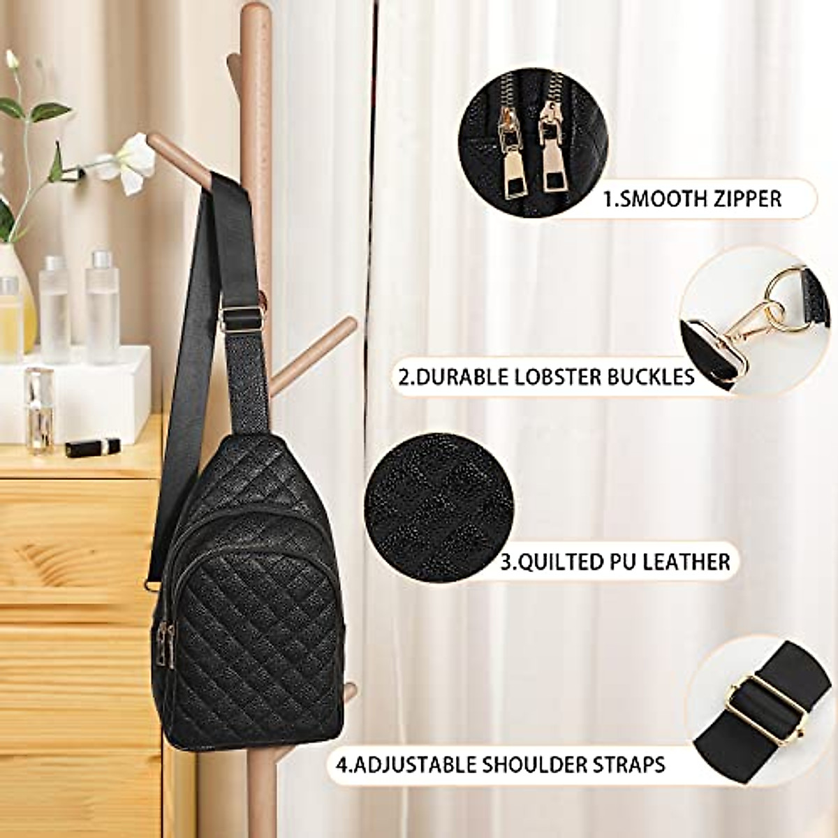 EMBRUNIOICE PU Leather Sling Bag for Women Quilted Crossbody Sling Backpack for Cycling Hiking Travel（Black）