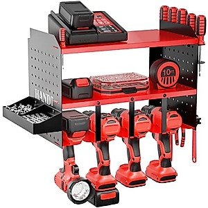 HANDT Power Tool Organizer, Wall Mount Drill Holder Garage Storage Rack, Pegboard Screwdriver Holder with Magnet Bar & Organization Bin, Cordless Drill Battery Charging Station Utility Shelf, Red