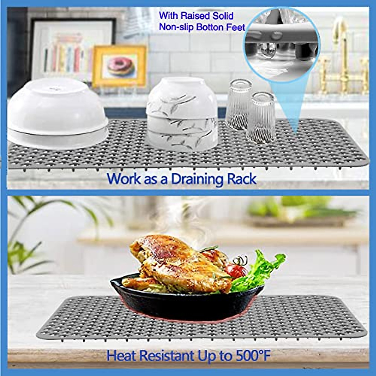 HiBD Silicone Sink Mat 1Piece Grey with Center Drain, Sink Protectors for Kitchen Sink, Silicone Sink Protector, Kitchen Sink Mats and Protectors, for Farmhouse Sink ( 24.8"x 13" )