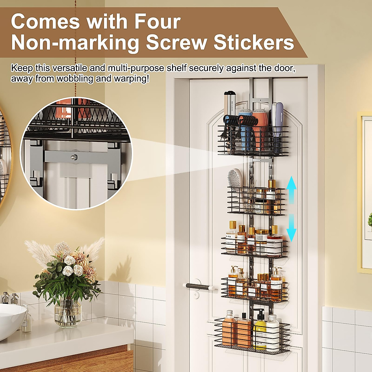 5-Tier Over The Door Bathroom Organizer - Hair Dryer Holder - Hair Tool Organizer Adjustable Height, DIY Bathroom Storage Shelf Wall Mounted for Flat/Curling Irons, Hair Straighteners, Skincare