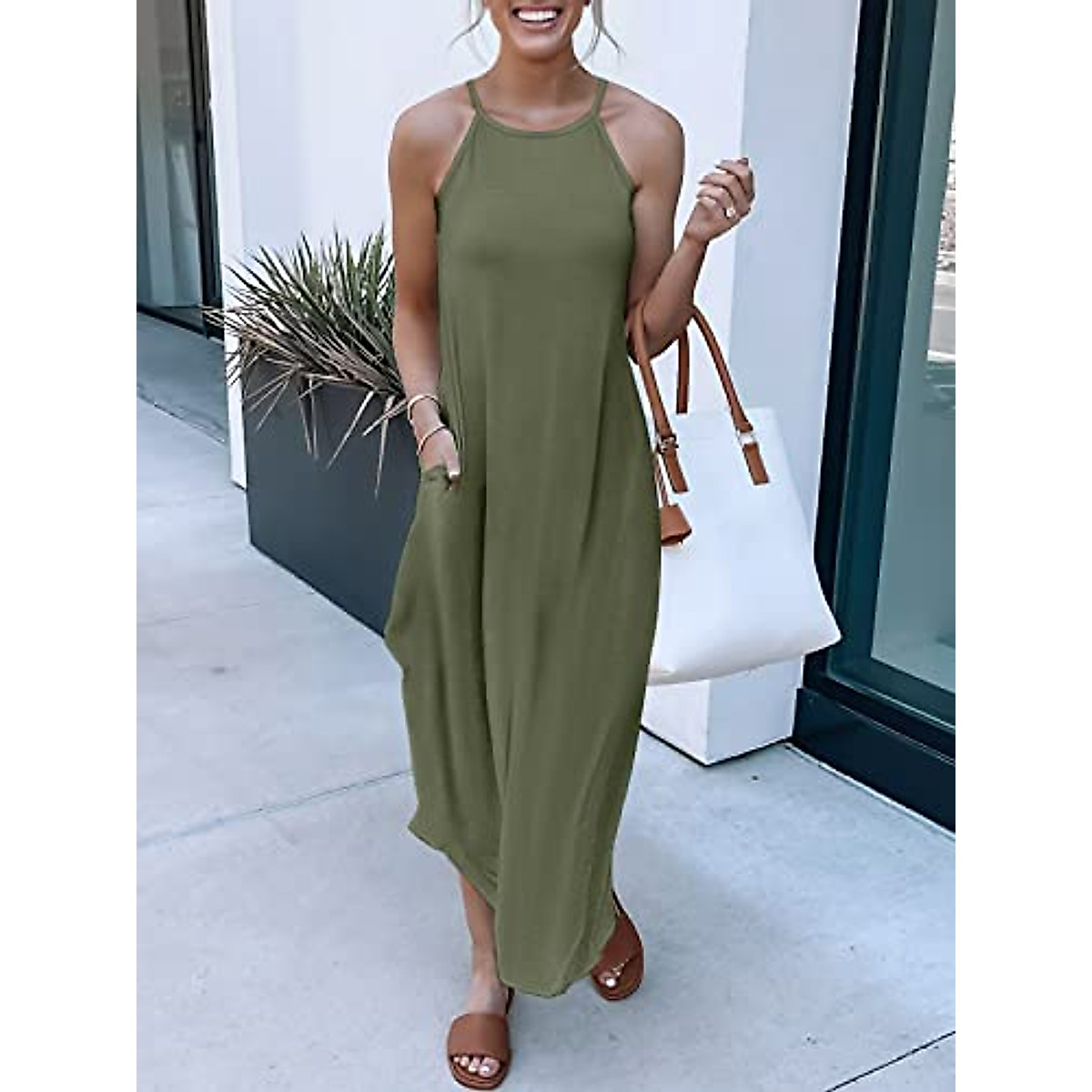 ANRABESS Women's Summer Casual Halter Neck Sundress Sleeveless Split Maxi Long Beach Dress with Pockets 991ganlanlv-M Olive