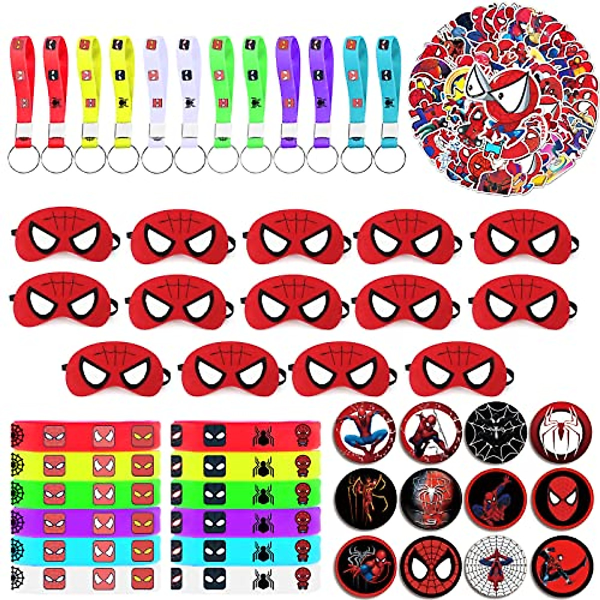 Spiderman Birthday Party Supplies,106Pcs Party Favors,Include 12 Button Pins,12Pcs Key Chain,12Pcs Hand Bracelet,14 Spider Masks,56 Stickers,Best For Spiderman Themed Party