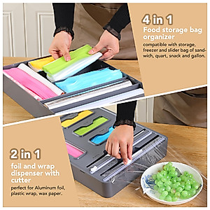 CiWiVOKi Storage Bag Organizer for Kitchen Drawer, Foil and plastic Wrap Organizer with Cutter, Plastic Kitchen Organizers and Storage for Sandwich Gallon Quart Snack Bags, 12" Aluminum Foil, Grey