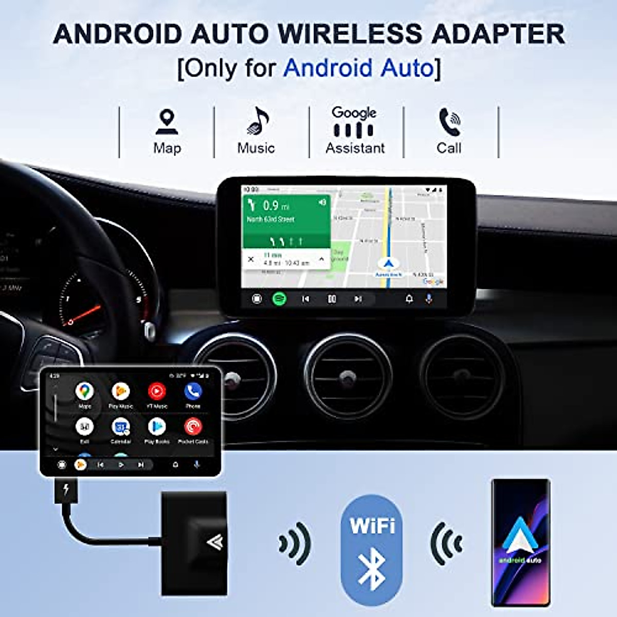 Teeran Android Auto Wireless Adapter for OEM Factory Wired Android Auto Cars Plug & Play Easy Setup Wireless Android Auto Dongle for Android Phones Converts Wired Android Auto to Wireless