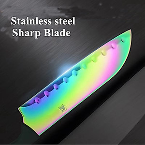 Stainless Steel Knife Set，5Pcs Kitchen Knife Set With Rainbow Titanium Coating Blade,Extremely sharp Non Stick Non Rust Knife Set with Comfortable Handle (Black)