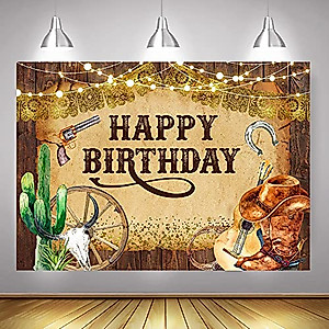 Mocsicka Western Cowboy Happy Birthday Backdrop Rustic Old West Rodeo Cowboy Background Brown Rustic Wood Kids Birthday Party Decoration Banner Cowboy Party Decorations (7x5ft (82x60 inch))