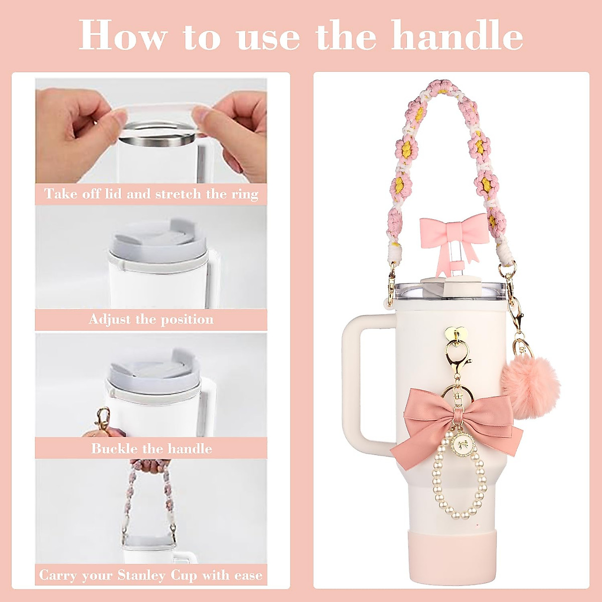 Stanley Cup Accessories Set Including Siliocne Straw Cover, Siliocne Boot, Water Bottle Handle Strap for Stanley Cup 40oz 30oz Tumbler with Handle (Pink butterflies)