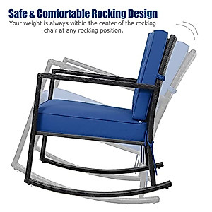 Hysache Patio Rocking Chair, Rattan Wicker Rocking Armchair Chair w/Thick Cushion & Steel Frame, Outdoor Wicker Furniture Seat for Poolside Garden Porch Backyard (Navy)