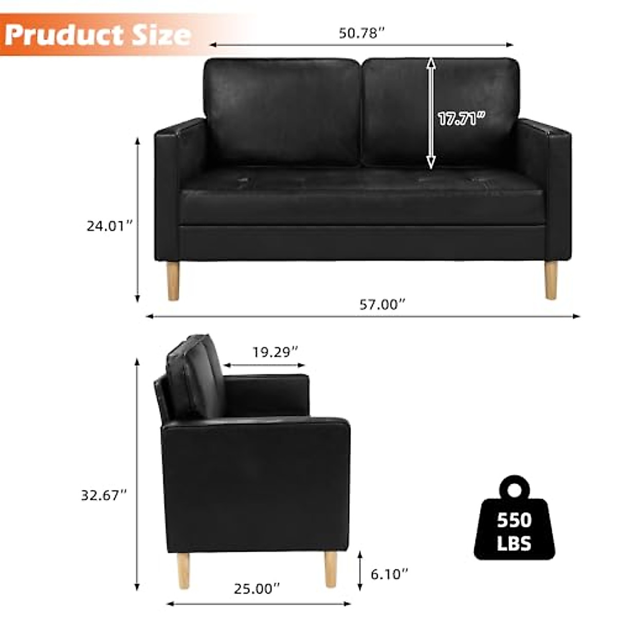 AILEEKISS 57'' Modern Loveseat Sofa Mid-Century Faux Leather 2-Seat Sofa Couch Upholstered Love Seats with Pillows for Living Room, Bedroom, Office, Small Space (Black 02)