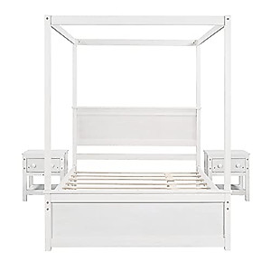 Bellemave Full Size Wood Canopy Bed with Trundle and Two Nightstands, 4-Post Platform Frame Headboard, 3 Pieces Bedroom Set (Brushed White) Full Canopy Bed+2 Nightstands