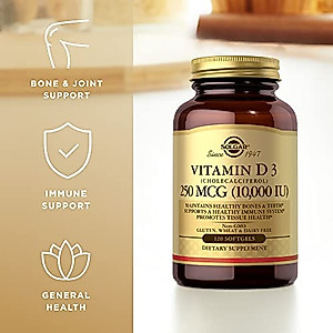 Solgar Vitamin D3 (Cholecalciferol) 250 MCG (10,000 IU) - Helps Maintain Healthy Bones & Teeth - Immune System Support - Non-GMO, Gluten Free, Dairy Free - 120 Servings, 120 Count (Pack of 2)