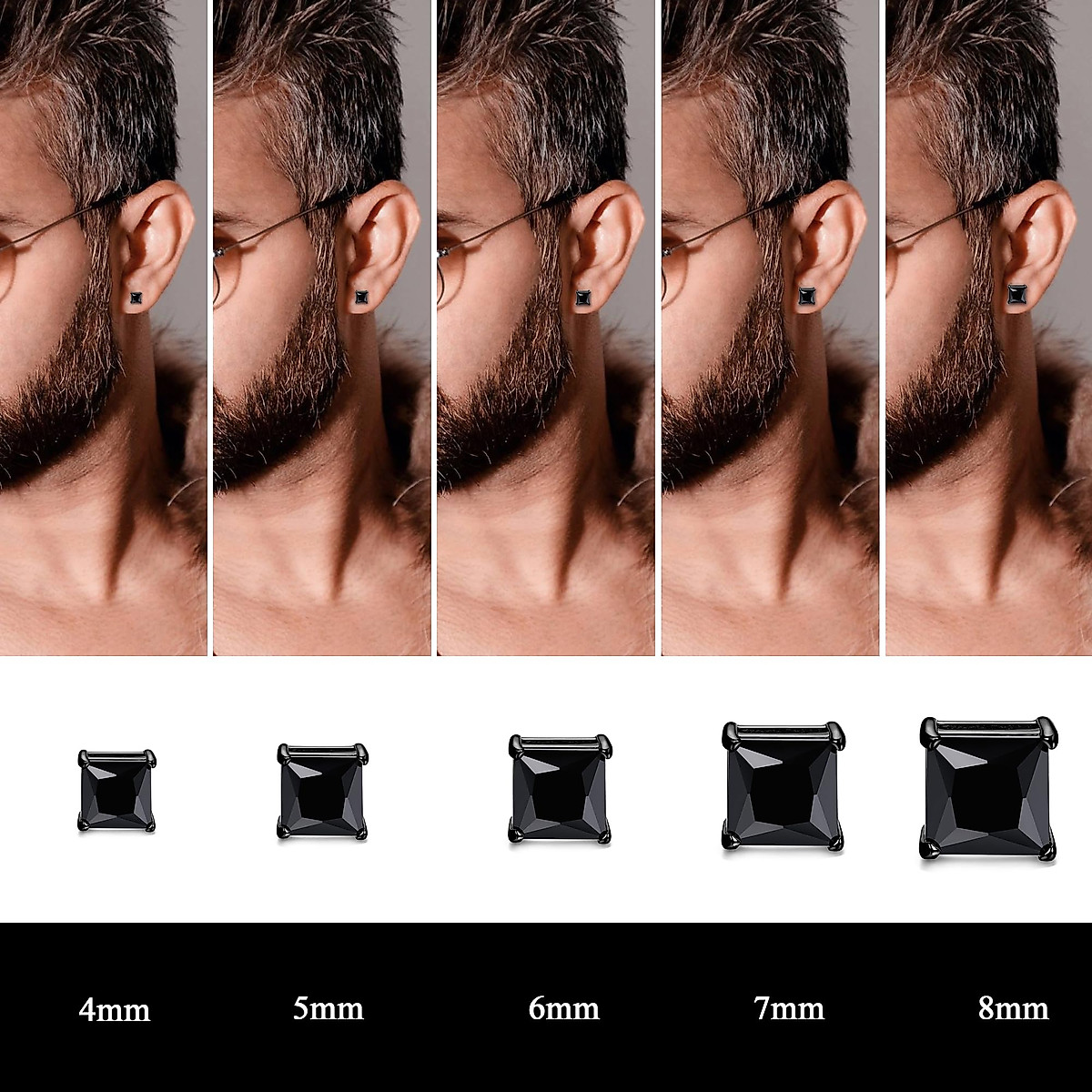 ORAZIO Black Silver Earrings for Men,Stainless Steel Cubic Zirconia Earrings 20G Mens Earrings Hypoallergenic CZ Earrings Studs Trendy Square Earring Studs Set 4-8MM,CZ 5MM