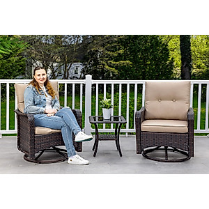 Gotland 3 Pieces Patio Swivel Rocker Wicker Chairs-Outdoor Swivel Rocking Chairs with 1 Rattan Coffee Table&2 Khaki Thickened Cushions Outdoor Furniture Conversation Sets