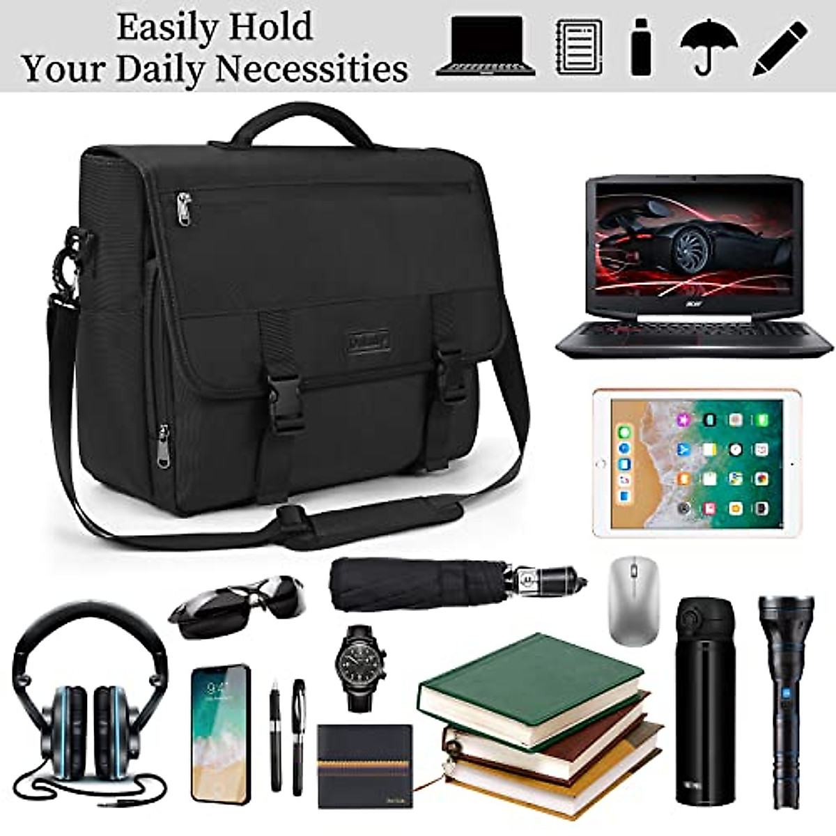 Messenger Bag for Men 15.6 Inch Waterproof Laptop Briefcase Large Satchel Shoulder Bag Work Office College Computer Laptop Bag Lightweight Crossbody Handbag Cable Organize Bag Set 2pcs, Black