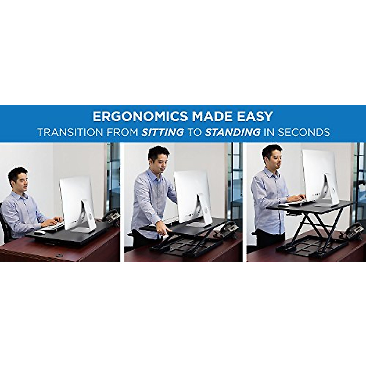 Mount-It! Standing Desk Converter, Height Adjustable Sit Stand Desk, 32x22 Inch Preassembled Stand Up Desk Converter, Ultra Low Profile Design, Black