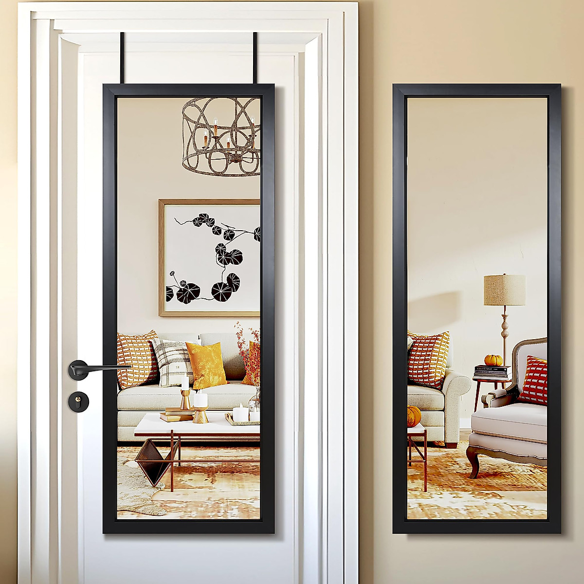 PexFix Door Mirror Full Length 51"x18" Over The Door Rectangle Sleek Black Frame Space Saving Floor Mirror Dressing Hanging Wall Mounted Mirror (US-MHJ002-BK+USAM019)