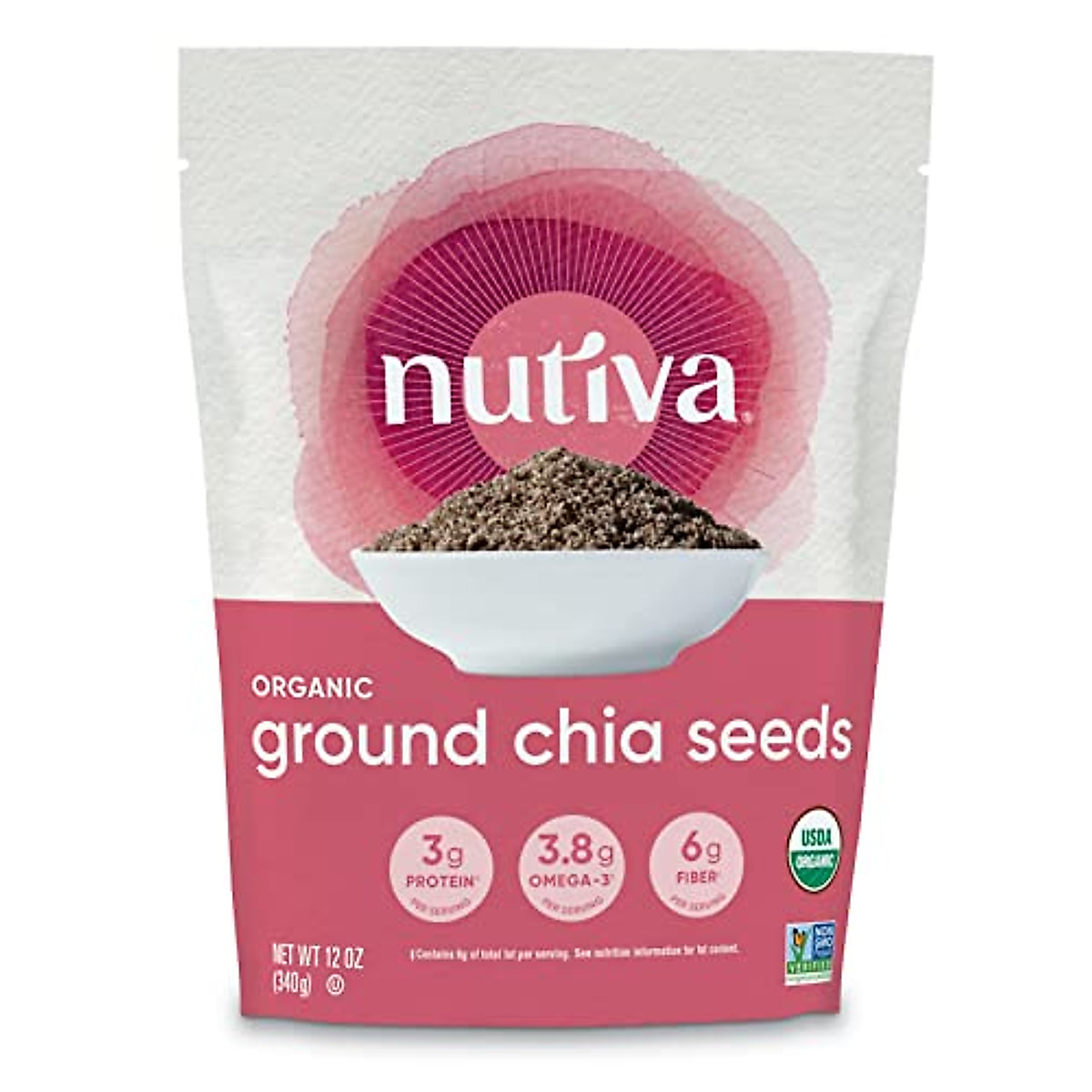 Nutiva Organic Premium Raw Ground Chia Seeds, 12 Oz, USDA Organic, Non-GMO, Whole 30 Approved, Vegan, Gluten-No & Keto, Nutrient-Dense Seeds with 3g Protein & 5g Fiber for Salads, Yogurt & Smoothies