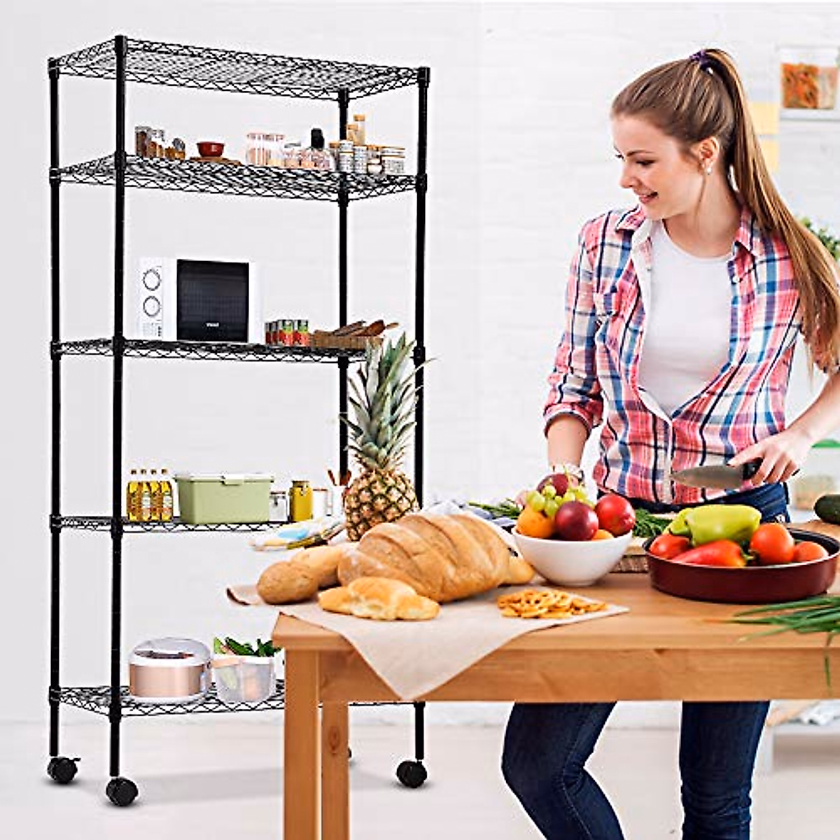 Wire Shelving Unit Storage 5 Tier Metal Shelving Unit NSF Heavy Duty Shelves Height Adjustable Garage Shelving 14" W x 30" L x 60" H with Wheels Large Steel Commercial Shelving Black