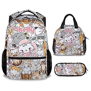 Homexzdiy Personalized Cat Backpack with Lunch Box Set for Girls Boys, Custom 3 in 1 School Backpacks Matching Combo, Cute Pink Bookbag and Pencil Case Bundle