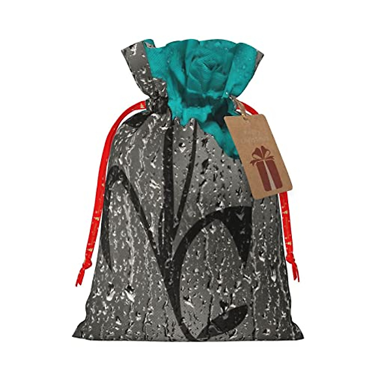 Teal Gray Rose Flowerchristmas Drawstring Gift Bag, Linen Drawstring Gift Bag, Reusable Drawstring Gift Bag, Used For Christmas, Birthday, Wedding Supplies