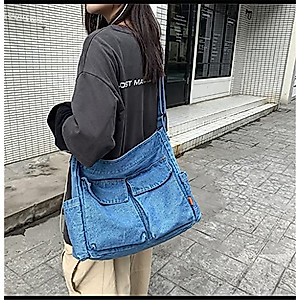Denim Shoulder Bag Travel Tote for Women Hobo Tote Bag Casual Canvas Bag Retro Crossbody Bag Large Capacity Purse (Blue-A)