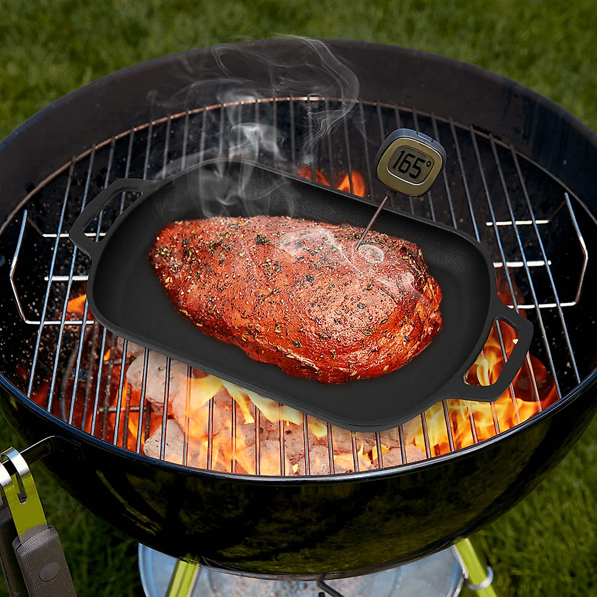 Mimiuo Cast Iron Sizzler Pan for Pizza Oven and Grill, 14 Inch Non-Stick Sizzling Fajita Skillet Rectangular Griddle Pan with Removable Handle for Stove Cooking Grilling Meats Seafood