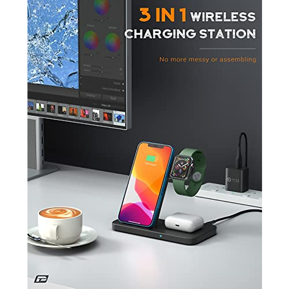 Wireless Charger, PAUCHY 3 In 1 Fast Wireless Charging Station, Qi Wireless Charger for iPhone 13/12/11/Pro/XS/XR, Foldable Wireless Charging Stand Compatible with iWatch 6/SE/5/4/3/2, Airpods 3/2/Pro